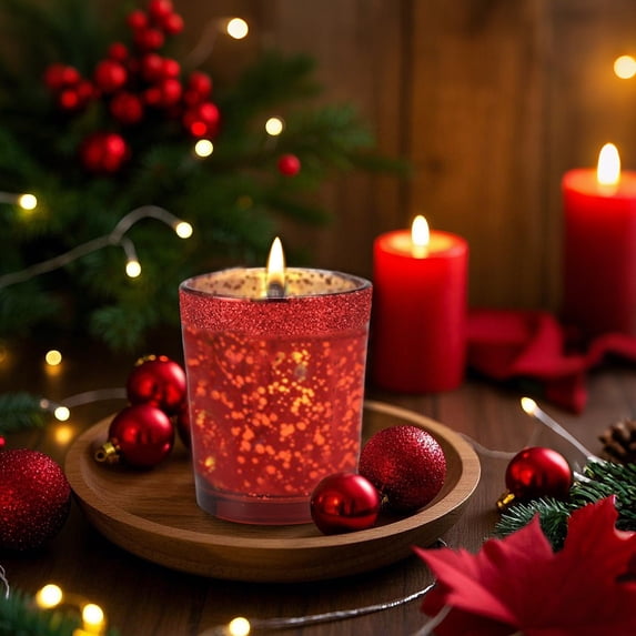 Christmas Glitter Gradient Glass Votive Candle Holder Festive Warm Glow ...