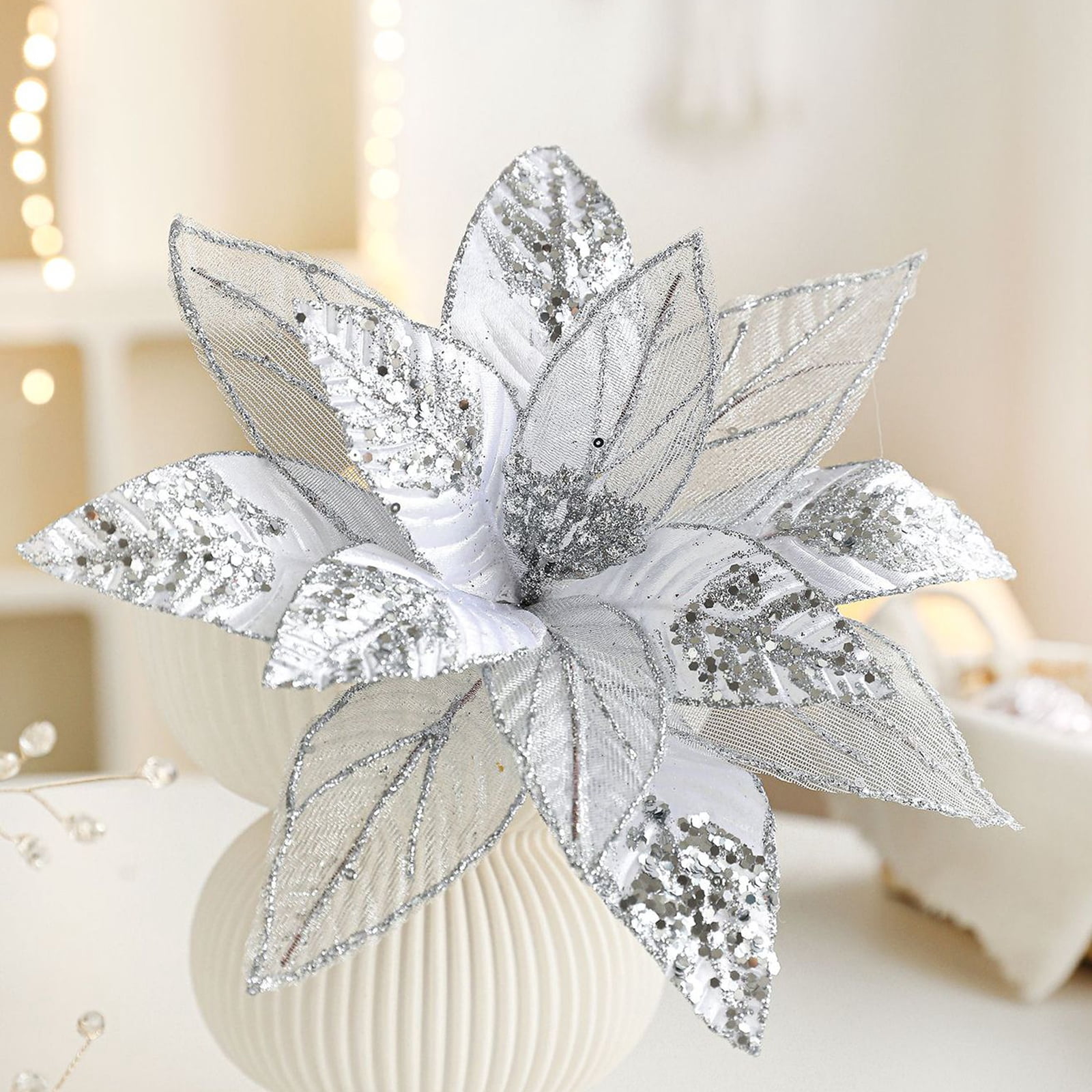 Christmas Glitter Silver Poinsettia Flowers Picks Christmas Tree ...