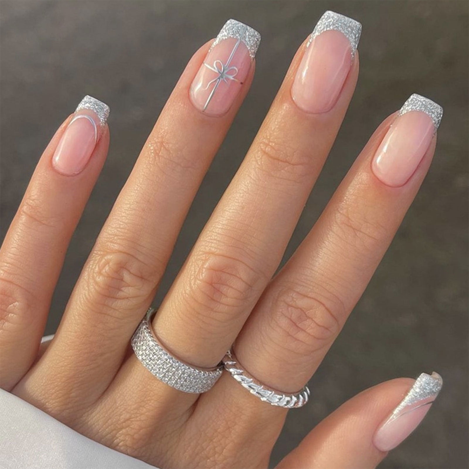 Christmas Glittering French Tip False Acrylic Nails with Snowflakes ...