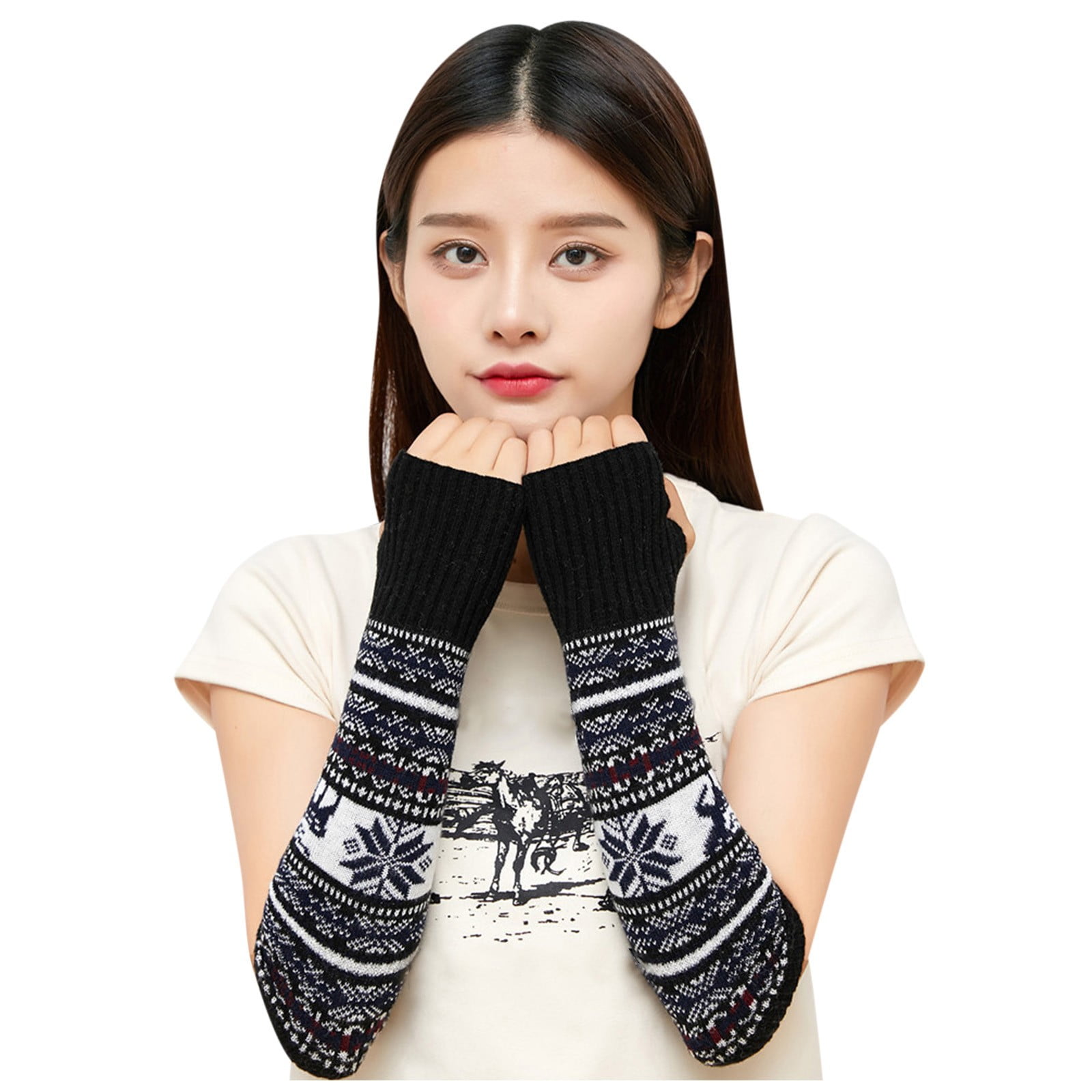 Christmas Gloves for Women, Warm Fawn Snowflake Knitted Wool Gloves ...