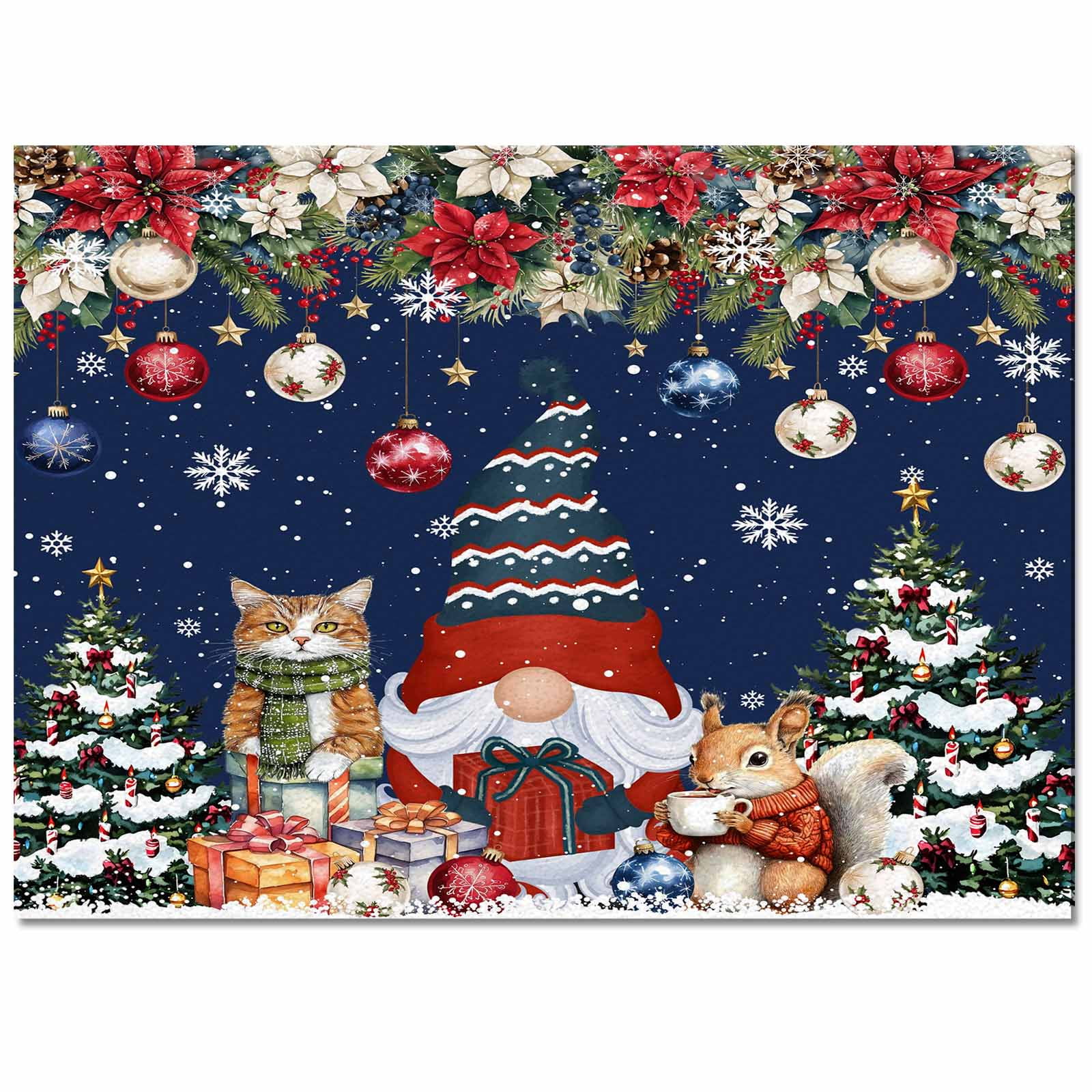 Christmas Gnome Area Rug 4x6ft Squirrel Cat Poinsettia Xmas Tree Navy ...