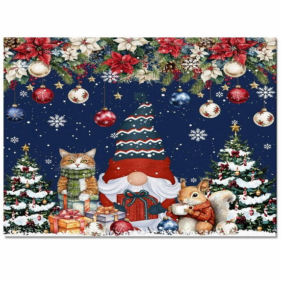 Christmas Gnome Area Rug 4x6ft Squirrel Cat Poinsettia Xmas Tree Navy ...