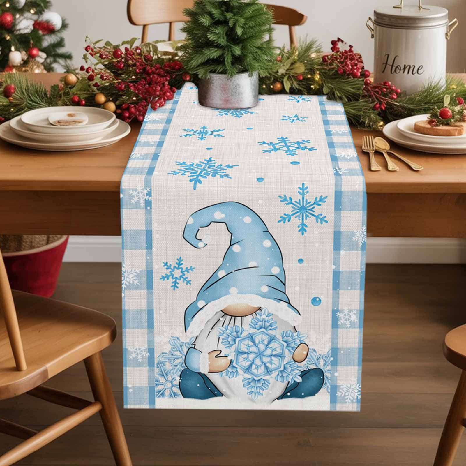 Christmas Gnome Cotton Linen Table Runner Snowflake Blue and White ...