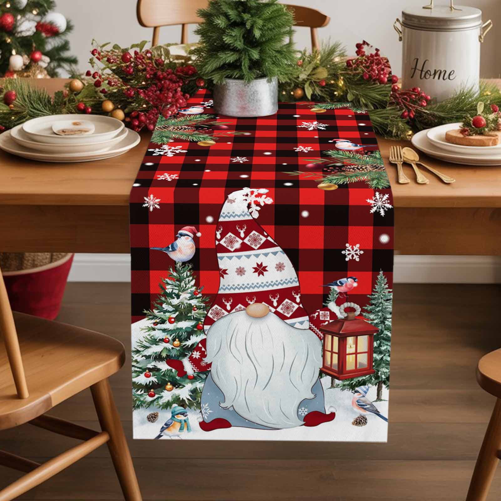 Christmas Gnome Cotton Linen Table Runner Winter Xmas Trees Bird ...