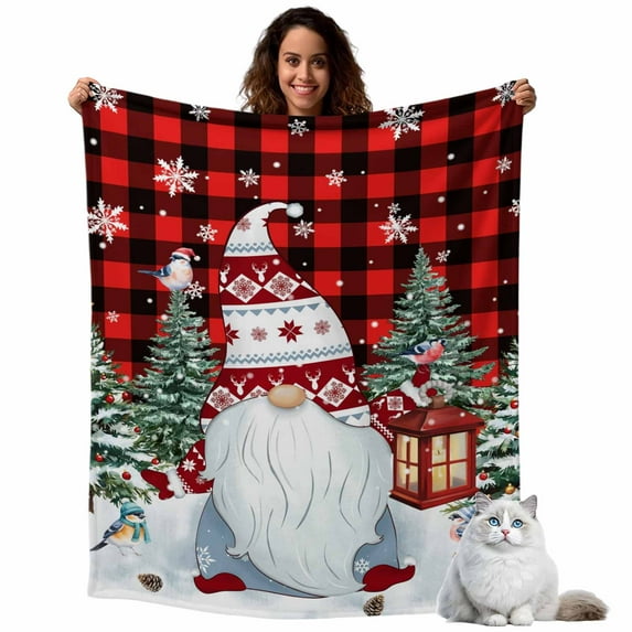 Christmas Gnome Fleece Throw Blanket Lightweight Winter Xmas Trees Bird ...