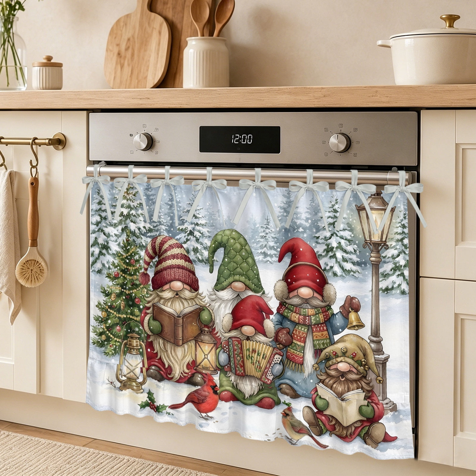 Christmas Gnome Oven Skirt Curtain, Winter Book Gnomes Cardinal Birds ...