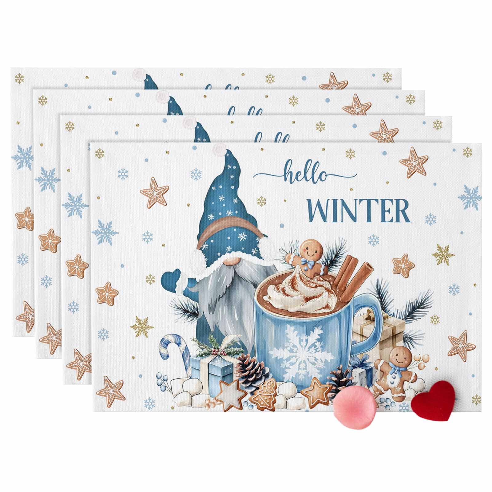 Christmas Gnome Placemats Set of 4, Xmas Coffee Gingerbread Man Biscuits Winter Snowflakes Non ...