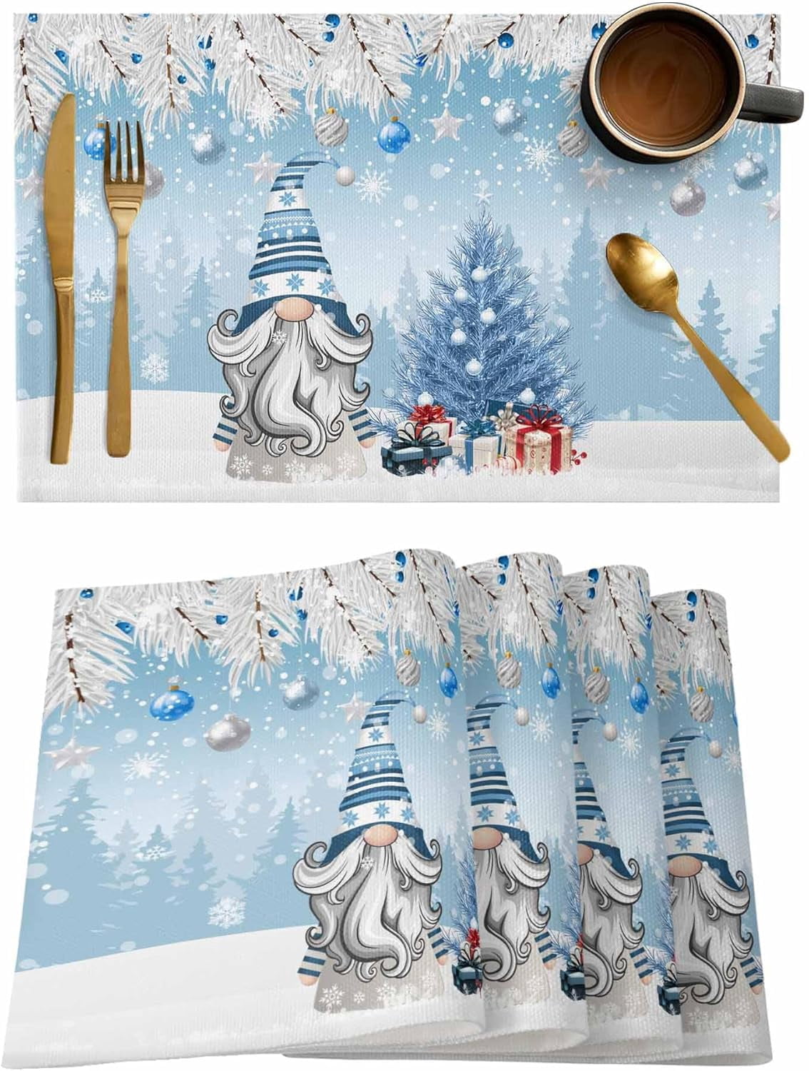 Christmas Gnome Placemats Set of 6, Winter Merry Christmas Tree Balls ...