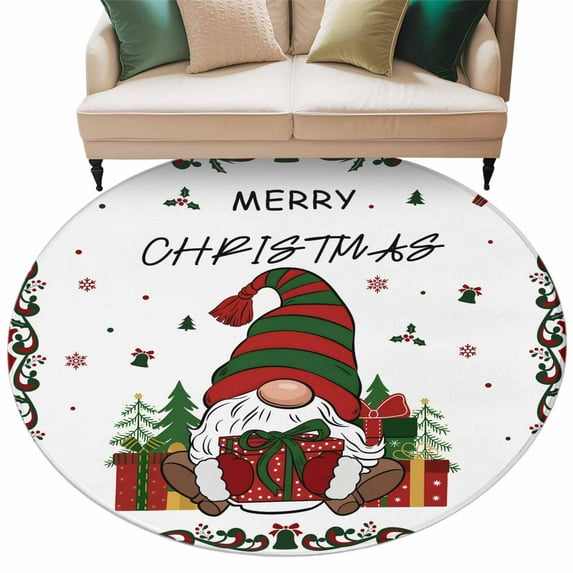 Christmas Gnome Round Area Rug 5ft Red Green Winter Dwarfs Xmas Box ...