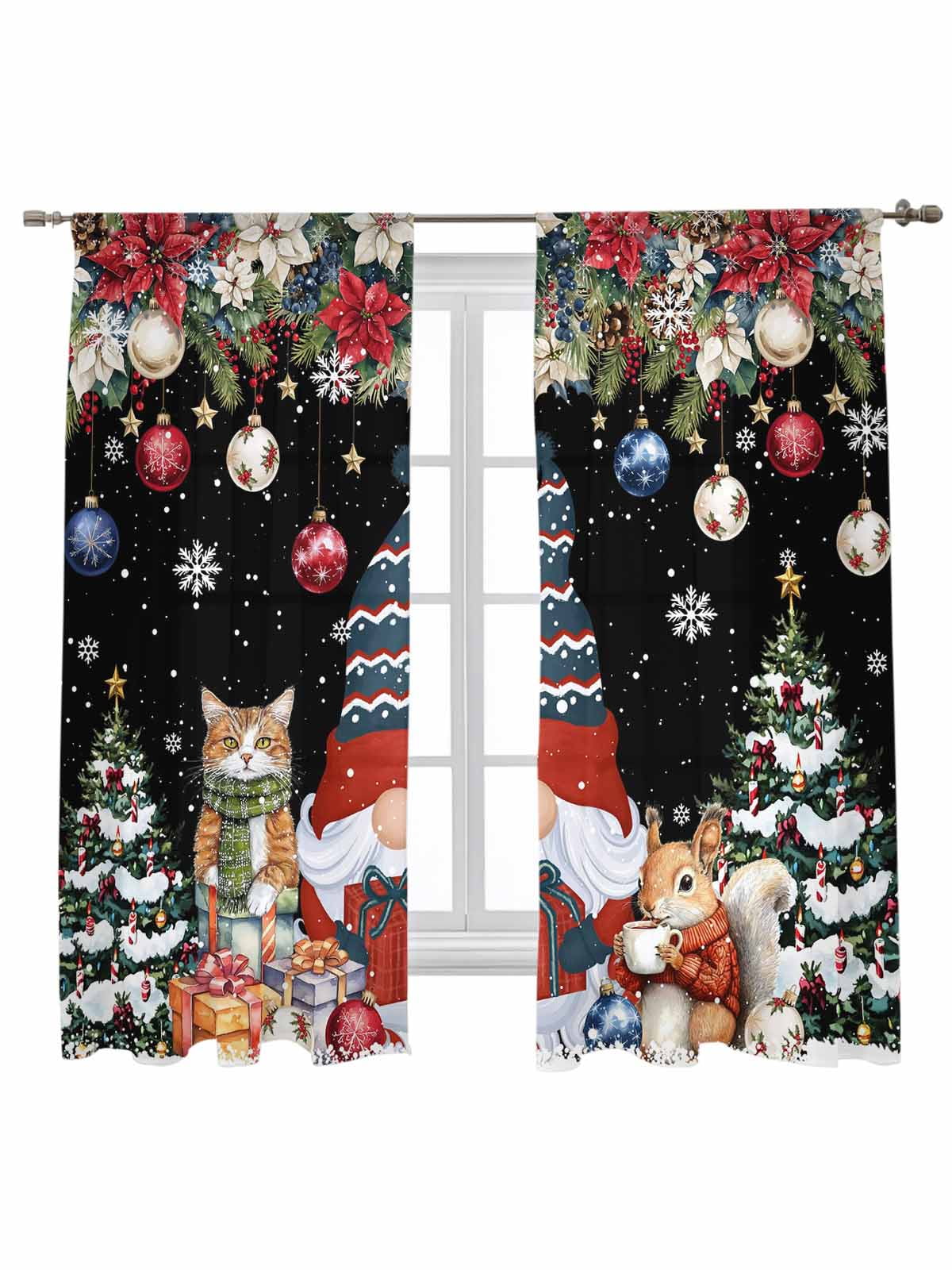 Christmas Gnome Sheer Curtains 2 Panels Set Squirrel Cat Poinsettia Xmas Tree Black Window Sheer ...
