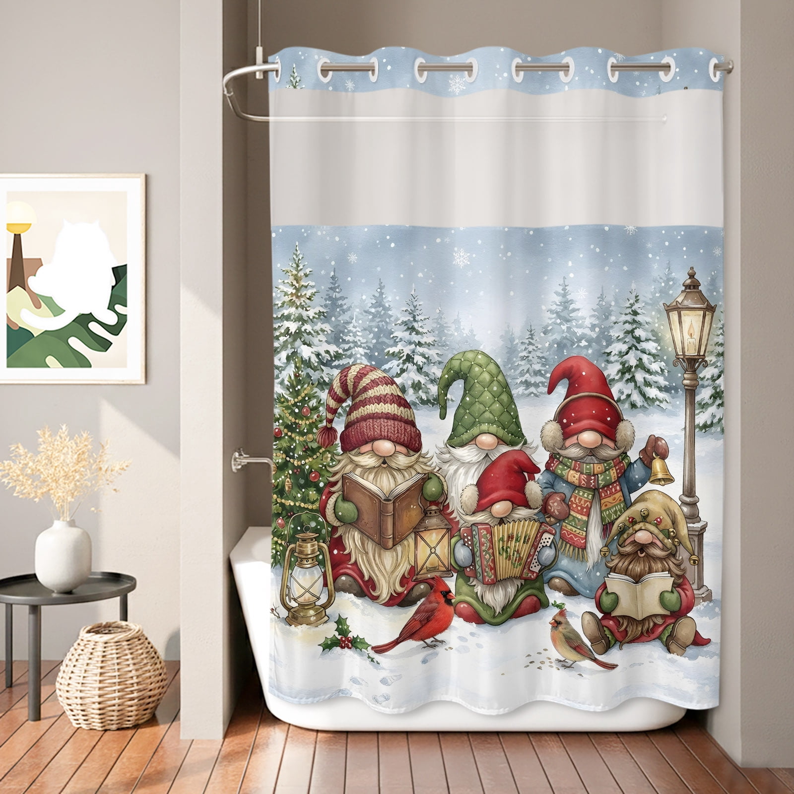 Christmas Gnome Shower Curtain, Winter Book Gnomes Cardinal Birds Snow ...
