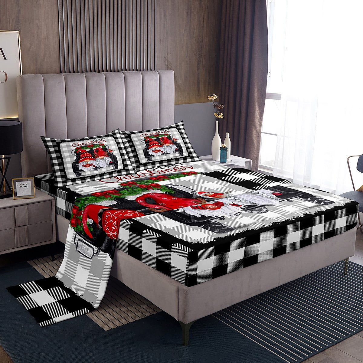 Christmas Gnomes Sheet Set Rustic Farmhouse Xmas Car Sheets Twin,Black ...