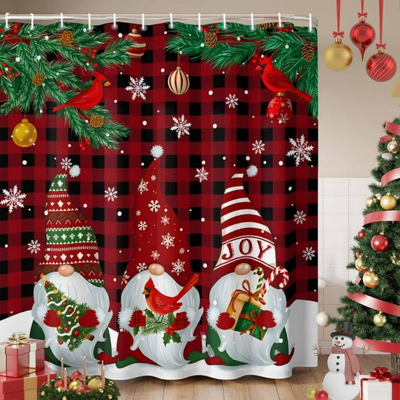 Christmas Gnomes Shower Curtain, Buffalo Plaid Pine Branch Cardinal ...