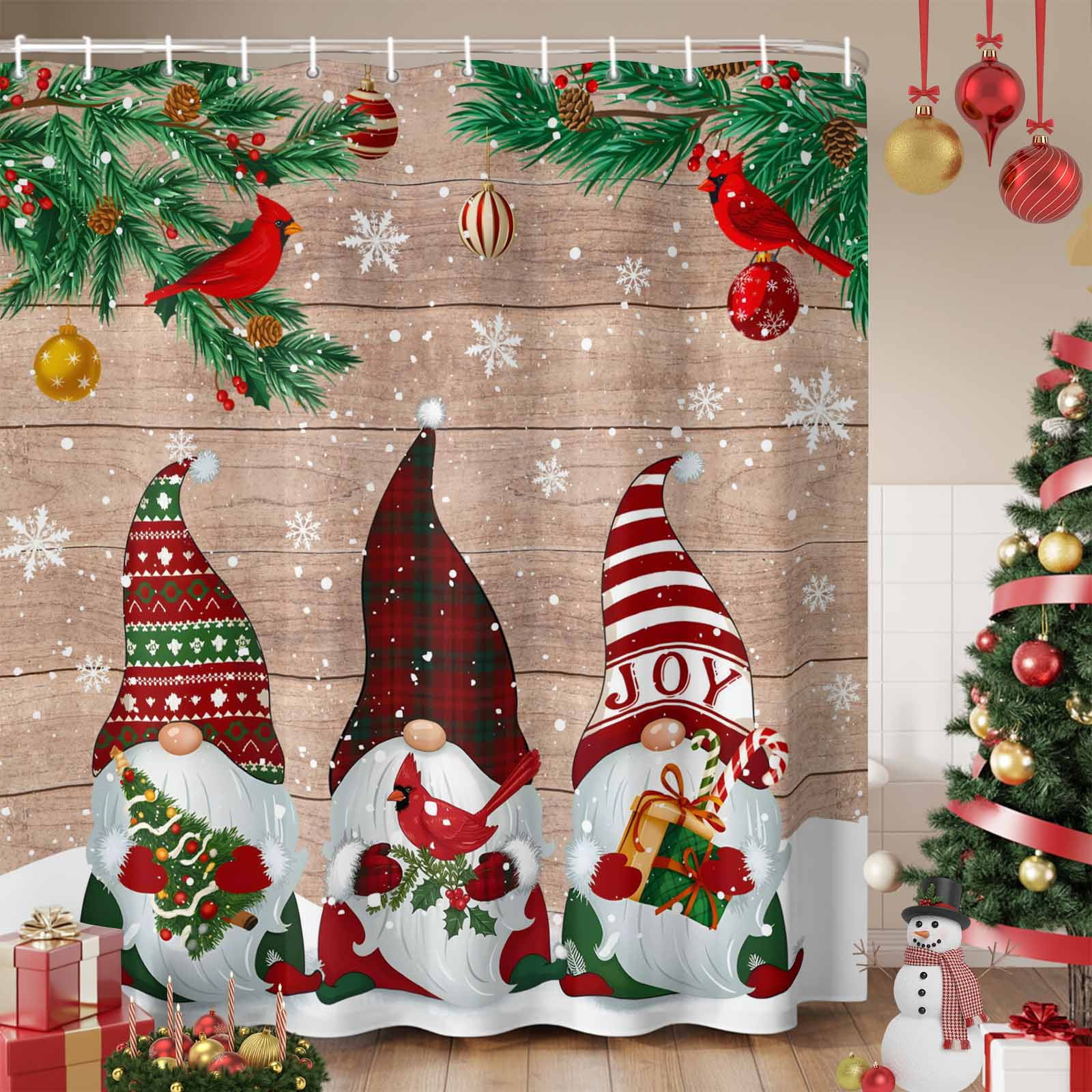 Christmas Gnomes Shower Curtain, Xmas Pine Tree Balls Cardinal Birds ...
