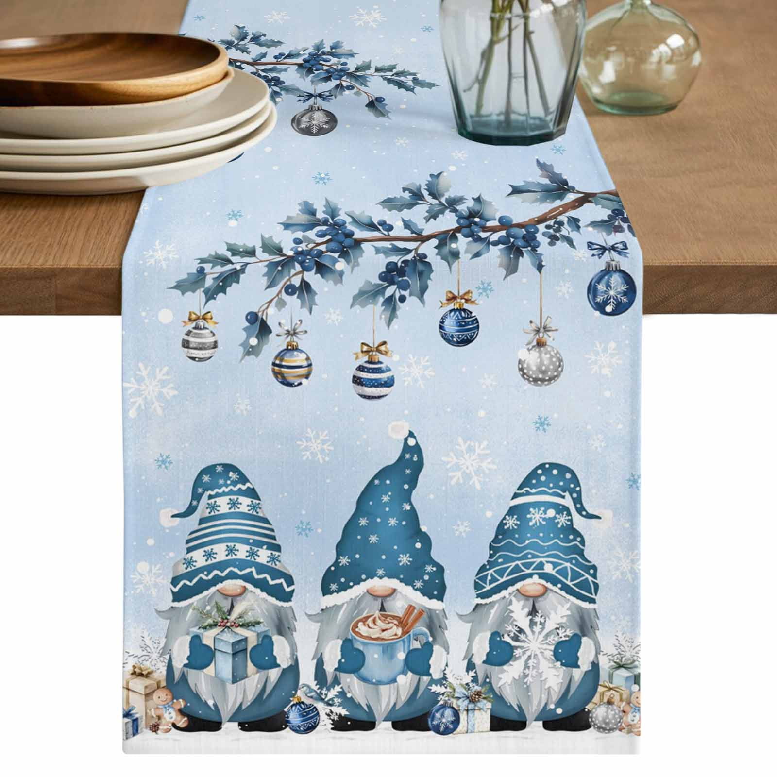 Christmas Gnomes Table Runner 120 Inches, Winter Xmas Balls Snowflake ...