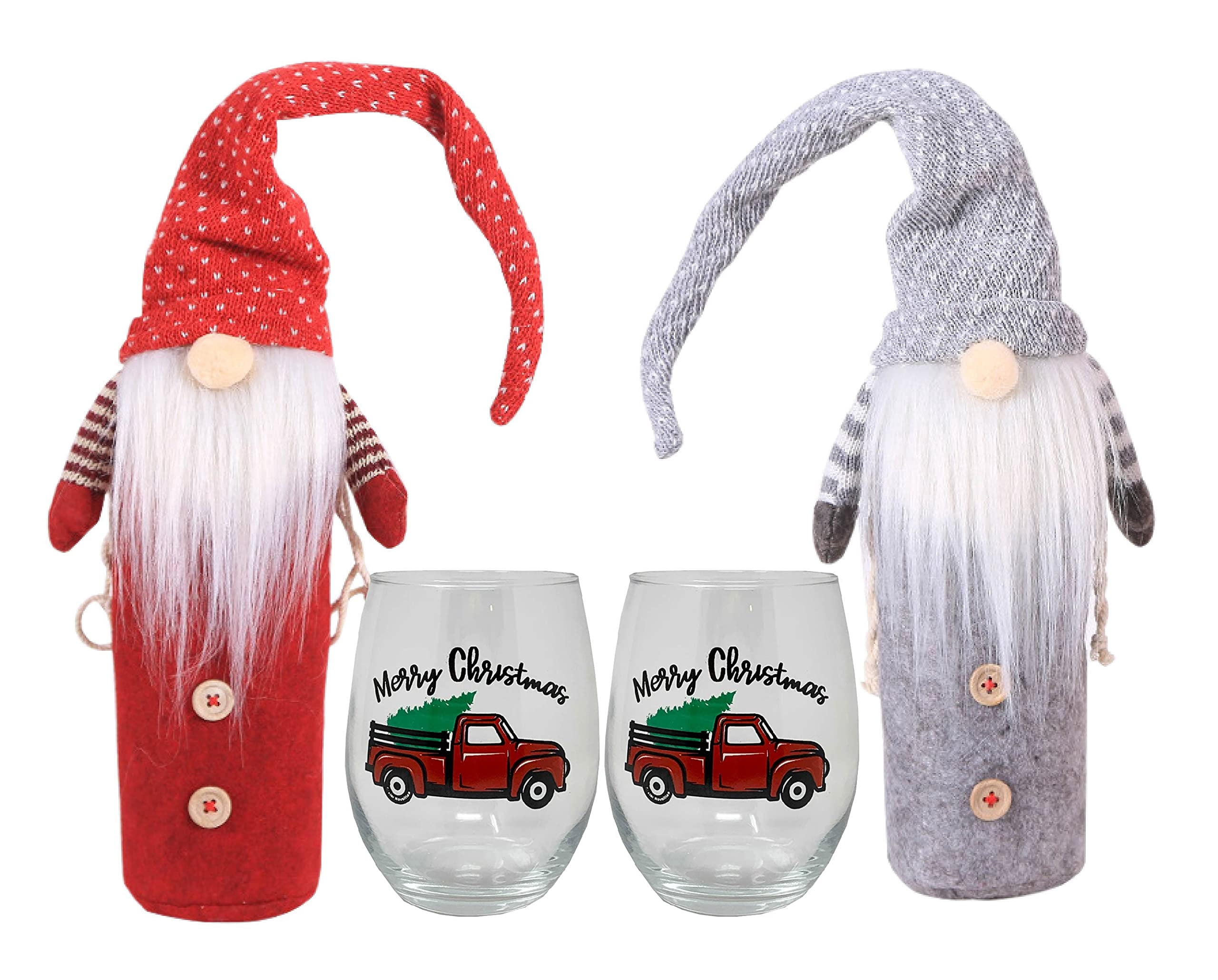 Christmas Gnomes Wine Bottle Cover with 15 oz Red Truck Wine Glasses ...