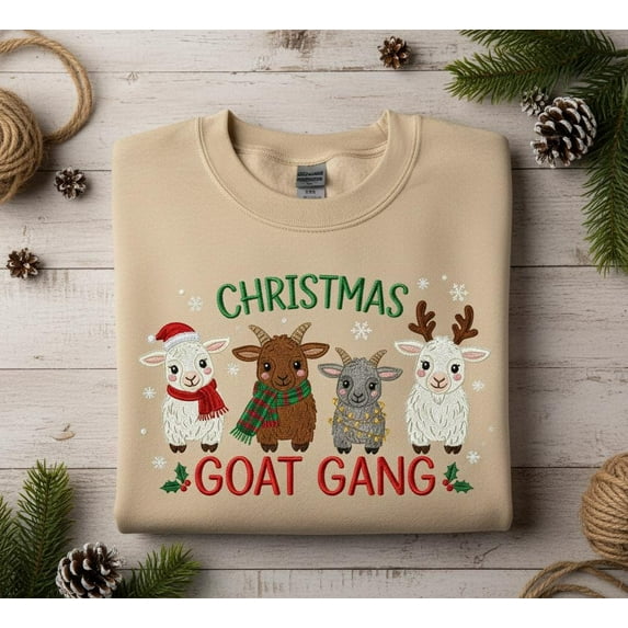 Christmas Goat Gang Sweatshirt, Funny Farm Animal Embroidery, Cute ...