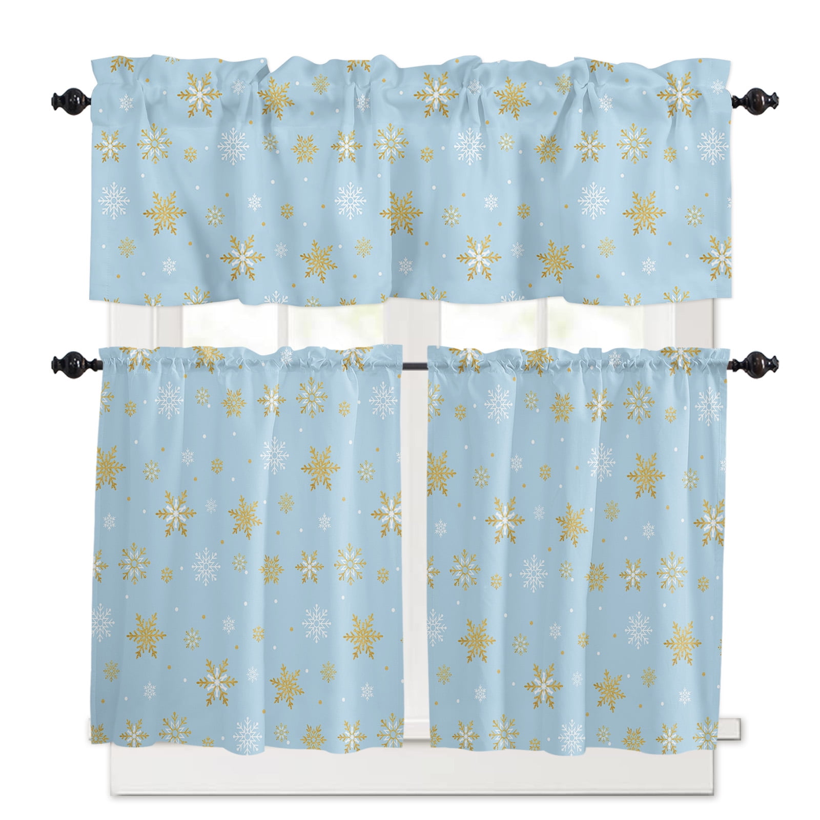 Christmas Gold Kitchen Curtains Valances and Tiers Set of 3 and White ...