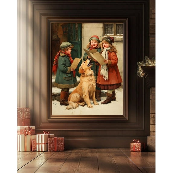 Christmas Golden Retriever And Children Oil Art Print Vintage Dog ...