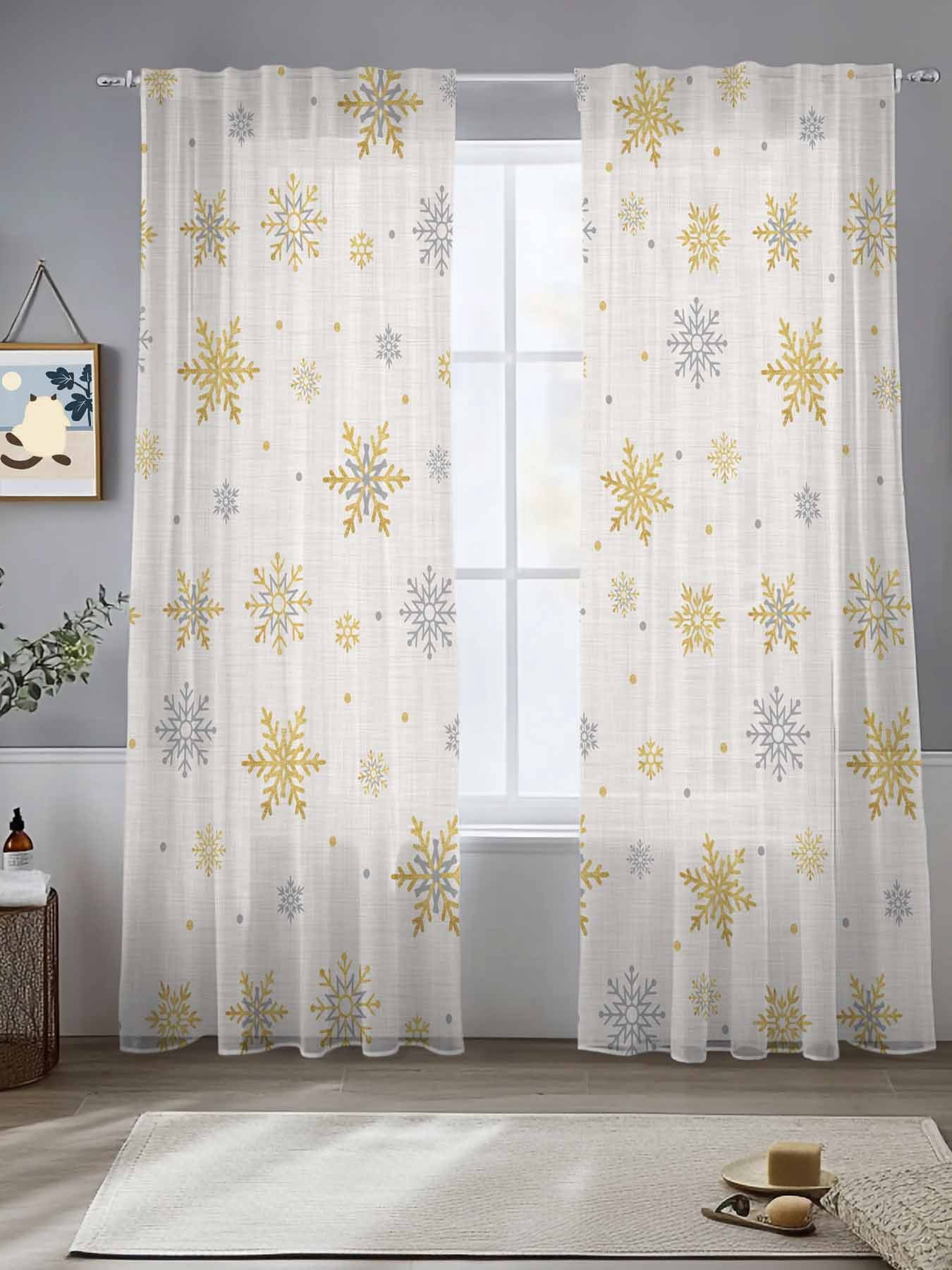 Christmas Golden Sheer Curtains 84 inches Long, Snowflakes Light ...