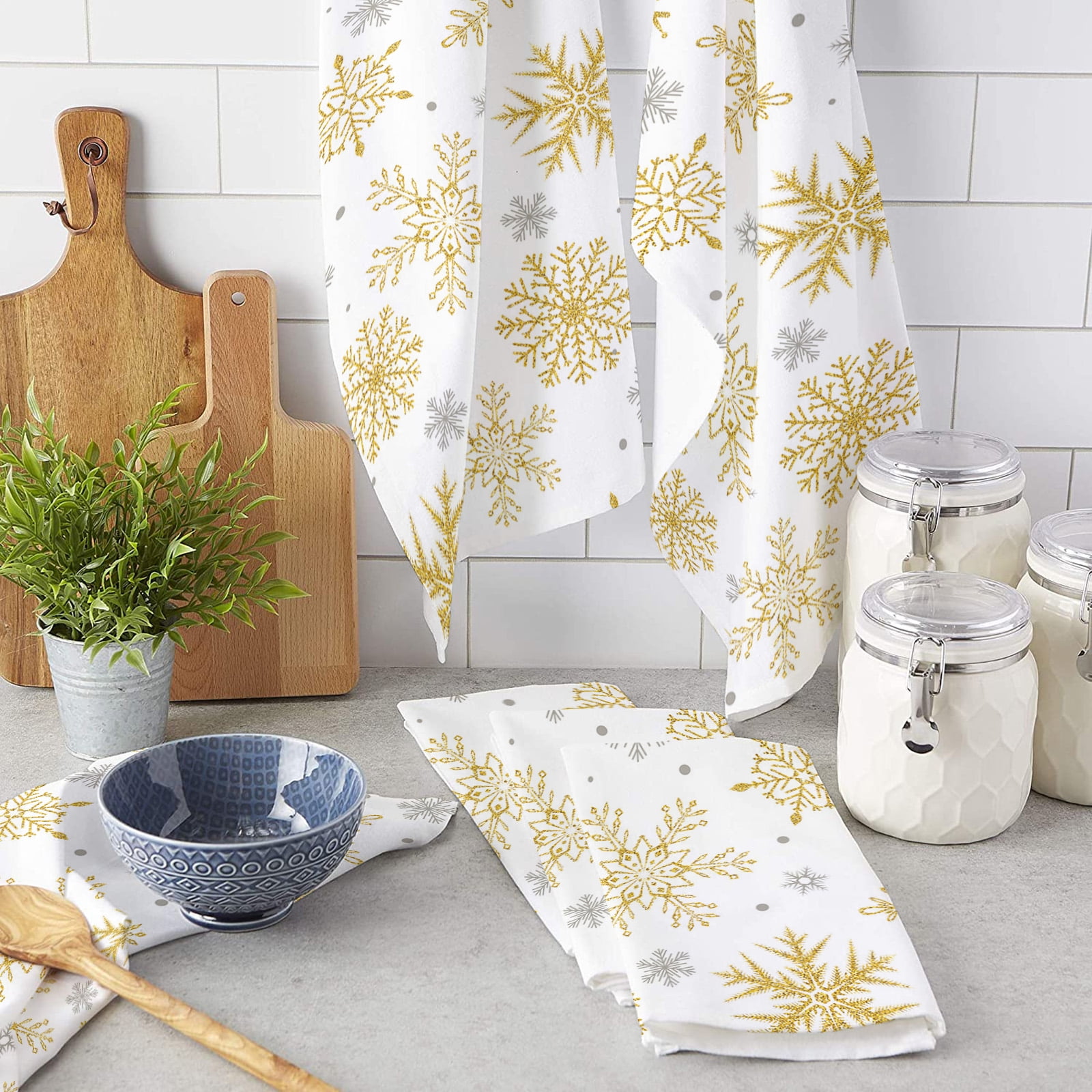 Christmas Golden Snowflake Texture Kitchen Towel Absorbent Dish Cloth ...