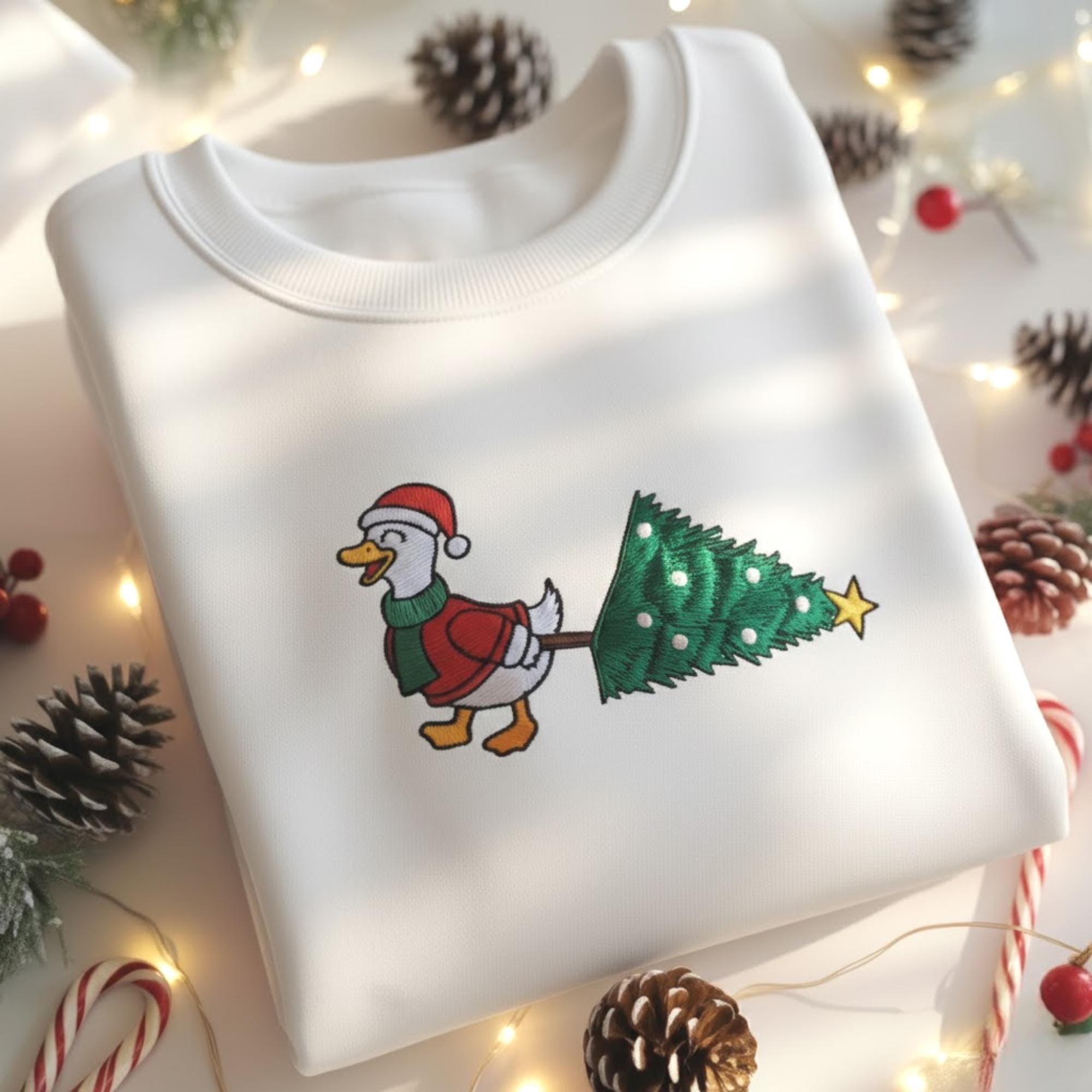 Christmas Goose Embroidered Shirt, Funny Holiday Santa Lights Sweater, Festive Jolly Goose ...