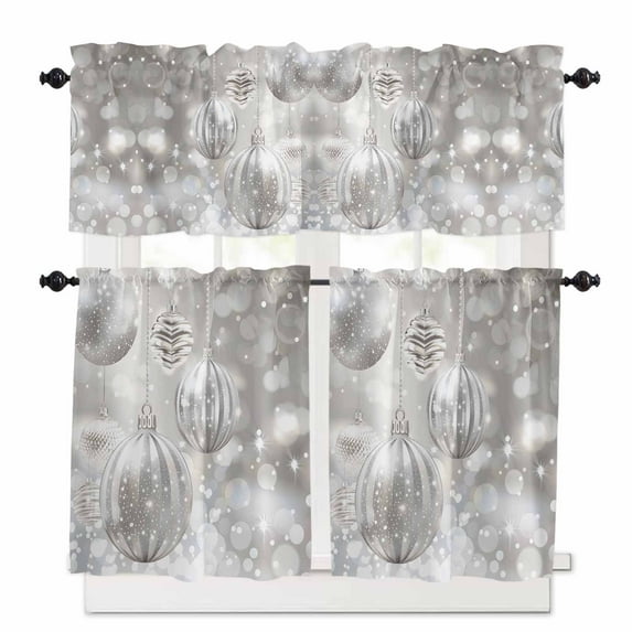 Christmas Gray Kitchen Curtains Valances and Tiers Set of 3 Xmas Balls ...