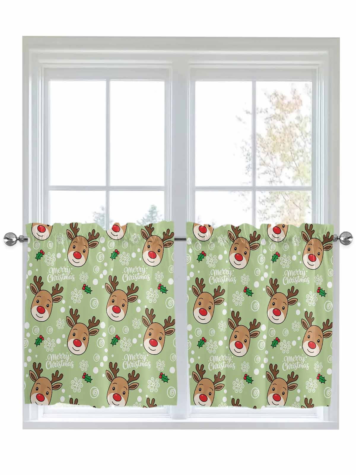 Christmas Green 2 Panel Kitchen Curtains for Small Windows, Xmas Cute ...