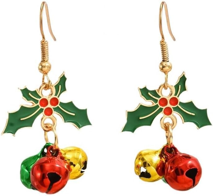 Christmas Green Holly Colorful Jingle Bell Dangle Hook Earrings for ...