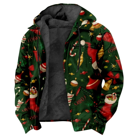 Christmas Green Pattern Candy Print Hooded Jacket Parkas Long Sleeve ...