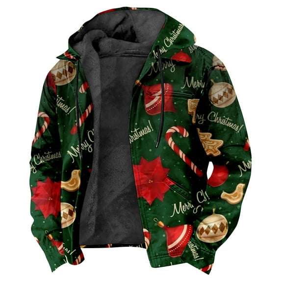 Christmas Green Pattern Candy Print Hooded Jacket Parkas Long Sleeve ...
