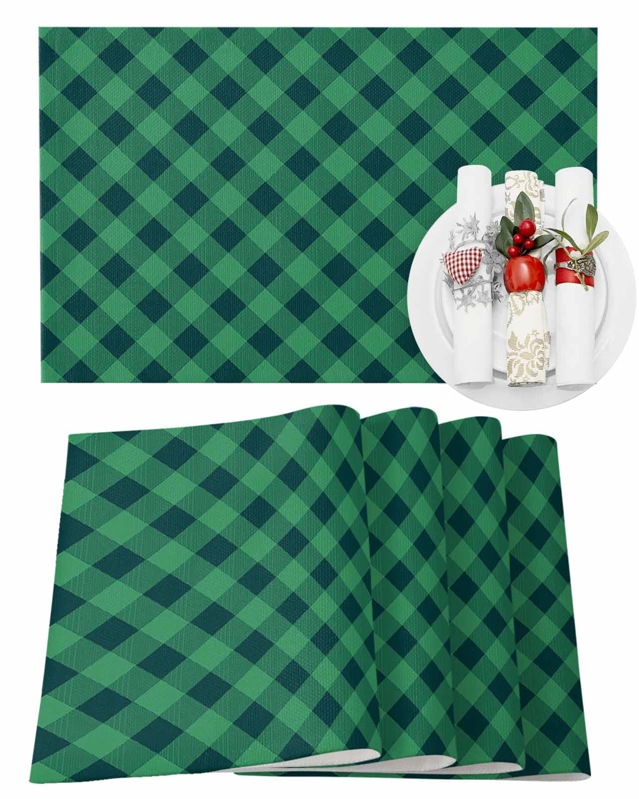 Christmas Green Placemats Set of 2 Plaid Heat Insulation Washable Place ...