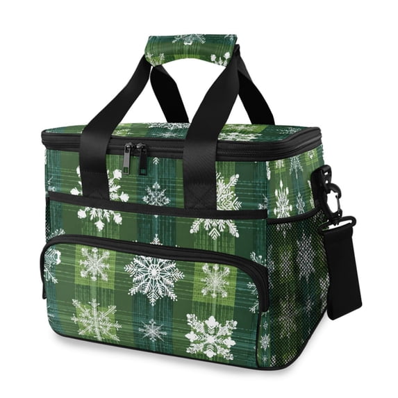 Christmas Green Plaid Snowflakes Portable Cooler Lunch Box Reusable ...