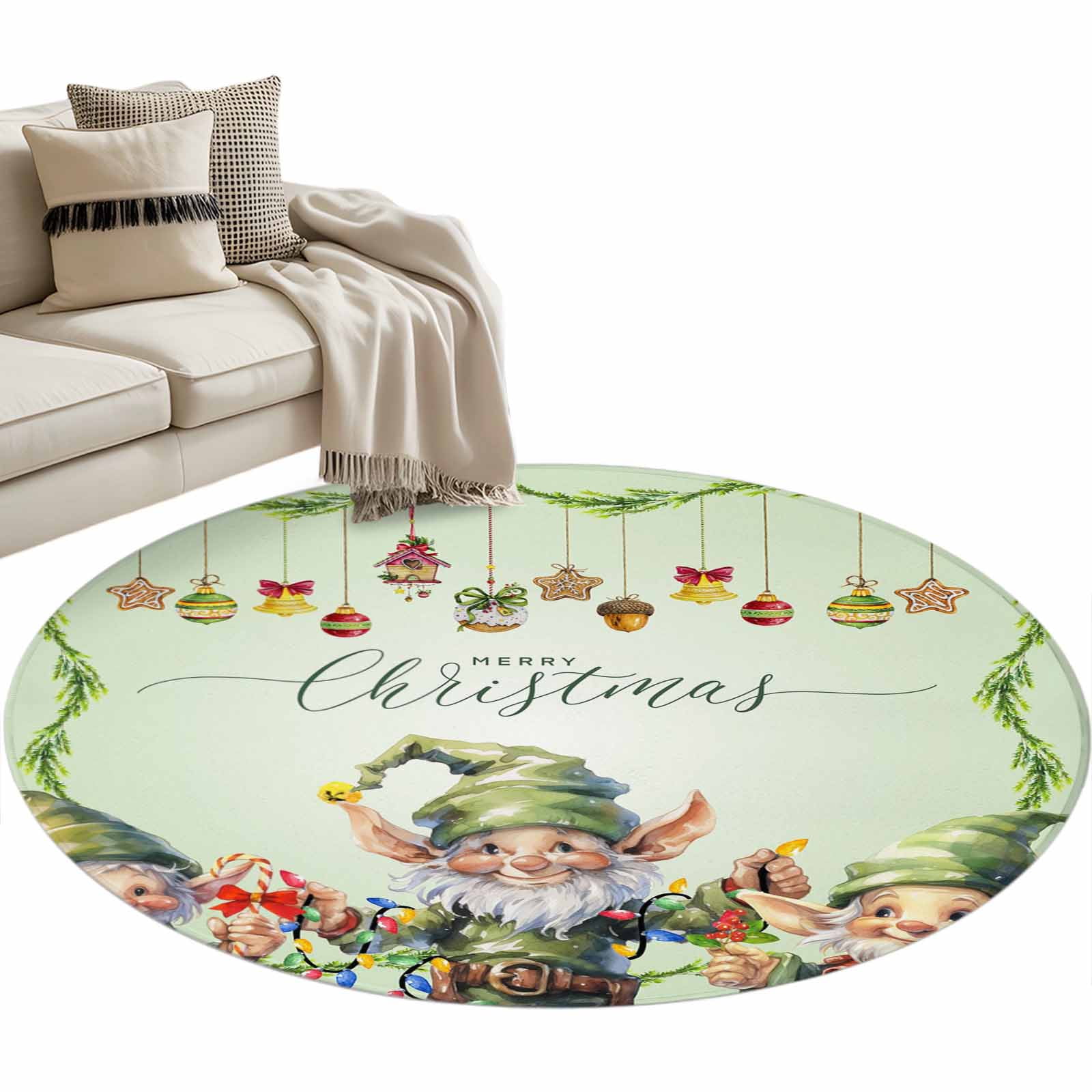 Christmas Green Round Area Rug 3ft Dwarf Elf Non-Slip Washable Circle ...