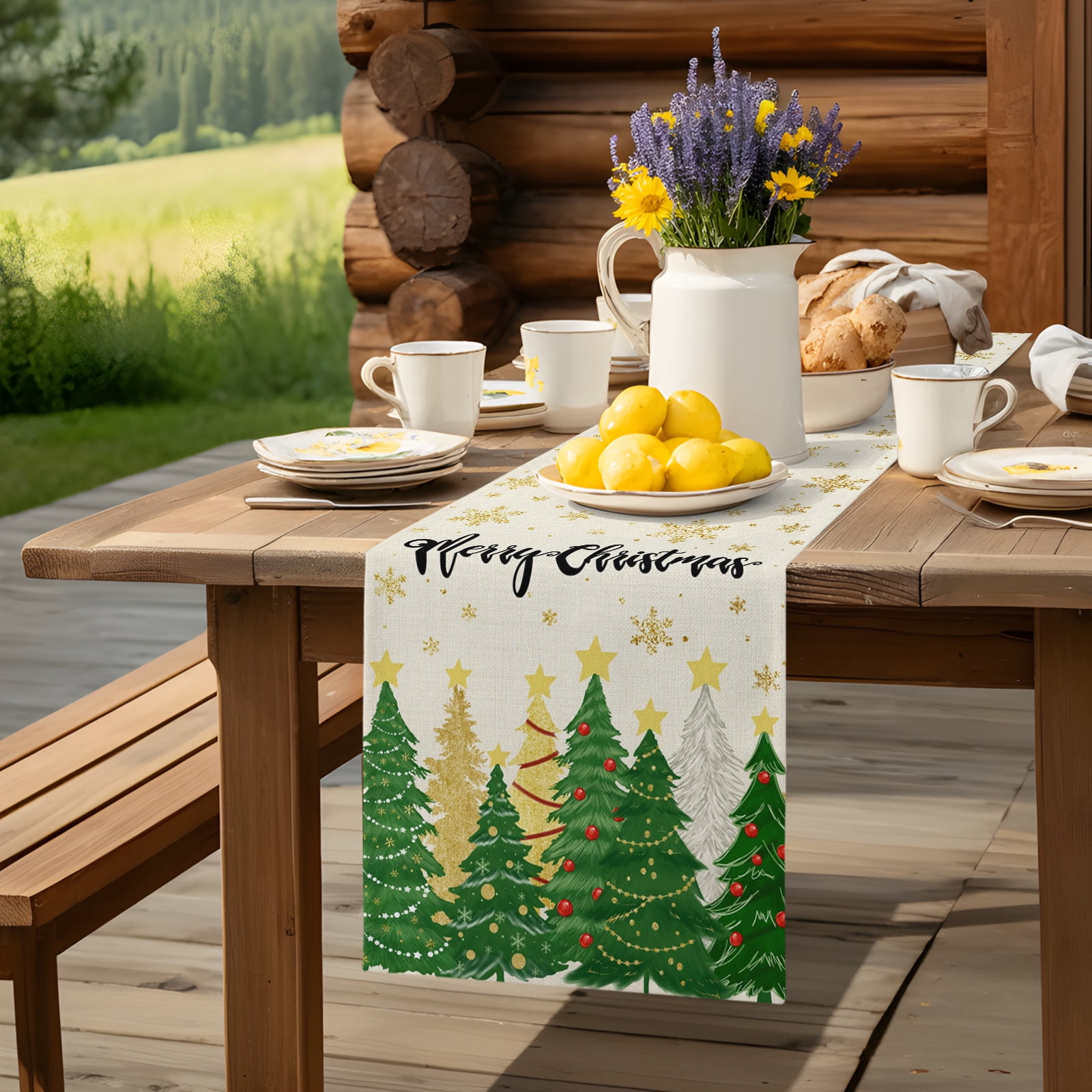 Christmas Green Tree Yellow Star Table Runner 13x72in Non-Slip Cotton ...