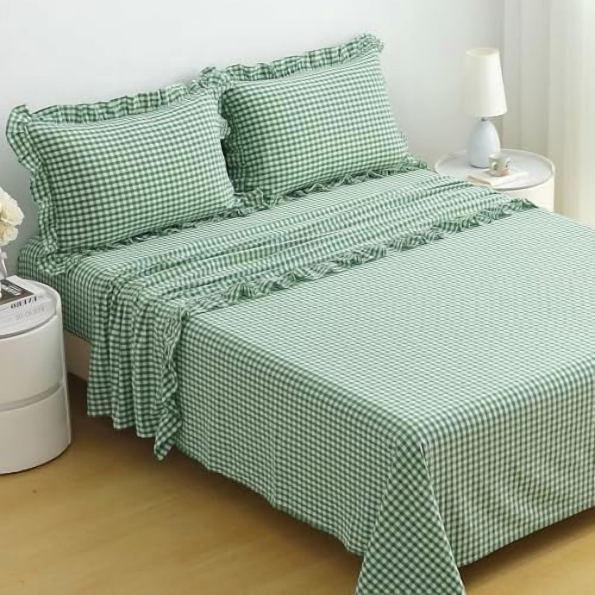 Christmas Green White Plaid Ruffle Gingham Sheets Full Size 4-Piece Set ...