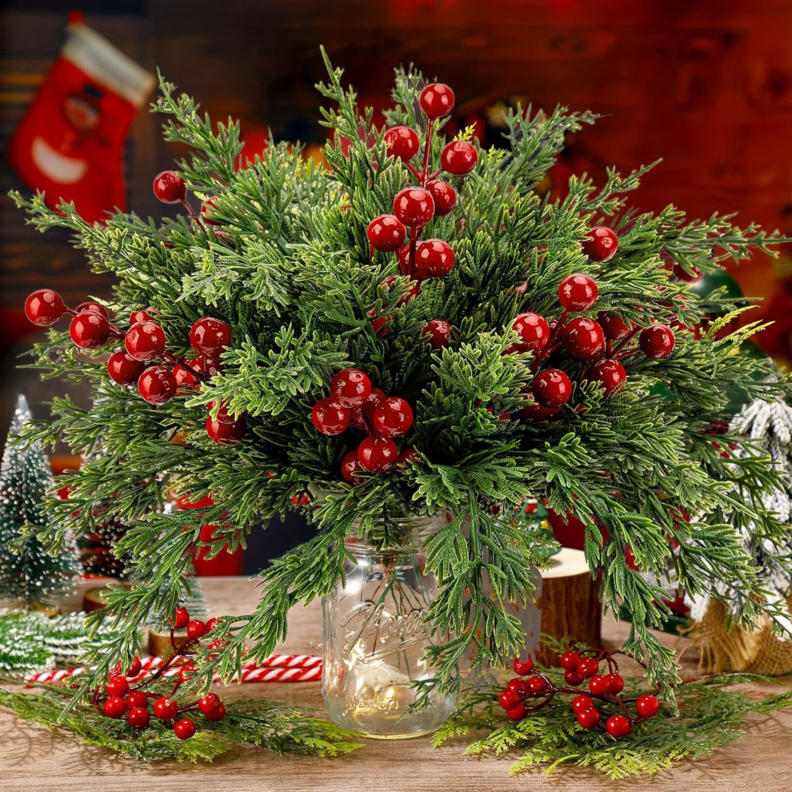 Christmas Greenery Decor, Artificial Pine Branches with Red Berries for ...