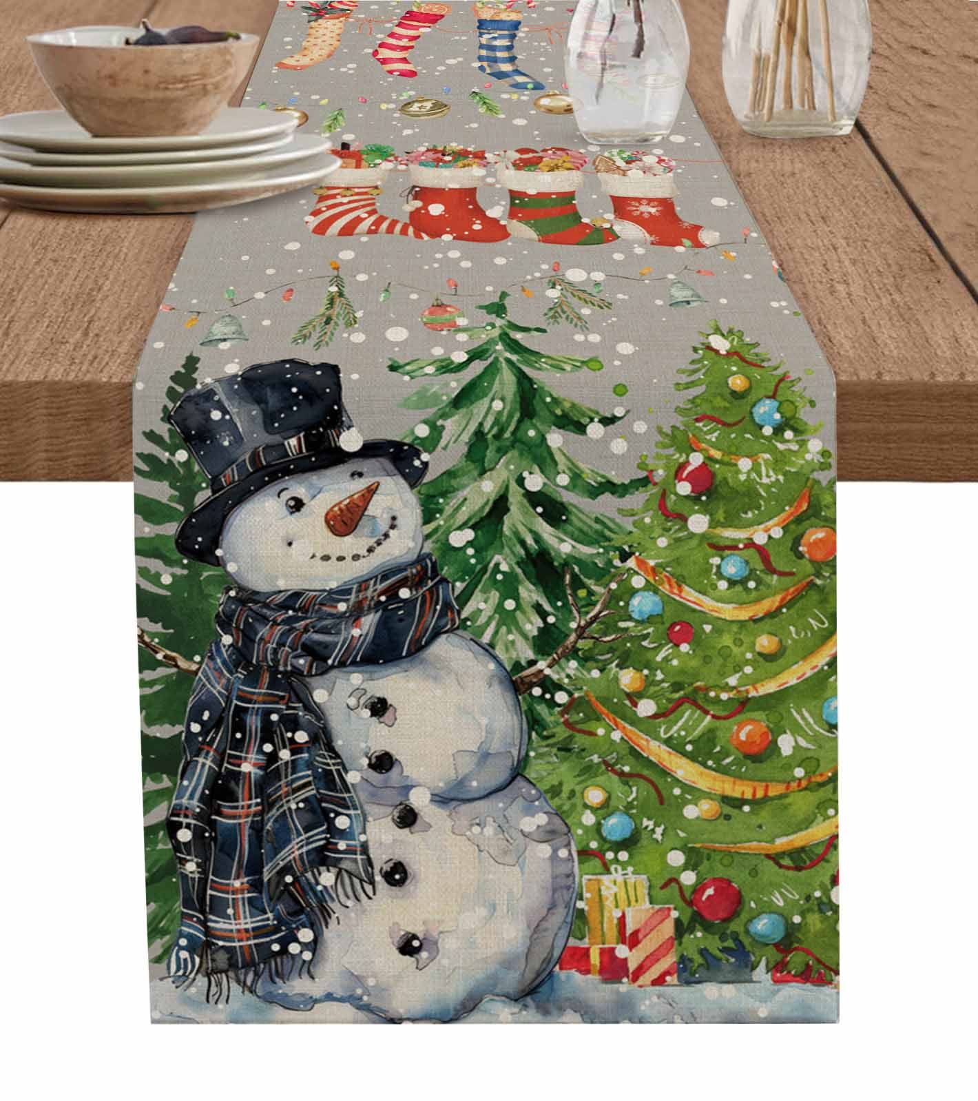 Christmas Grey Burlap-Cotton Table Runner 36 Inches Long,Winter Snowmen ...