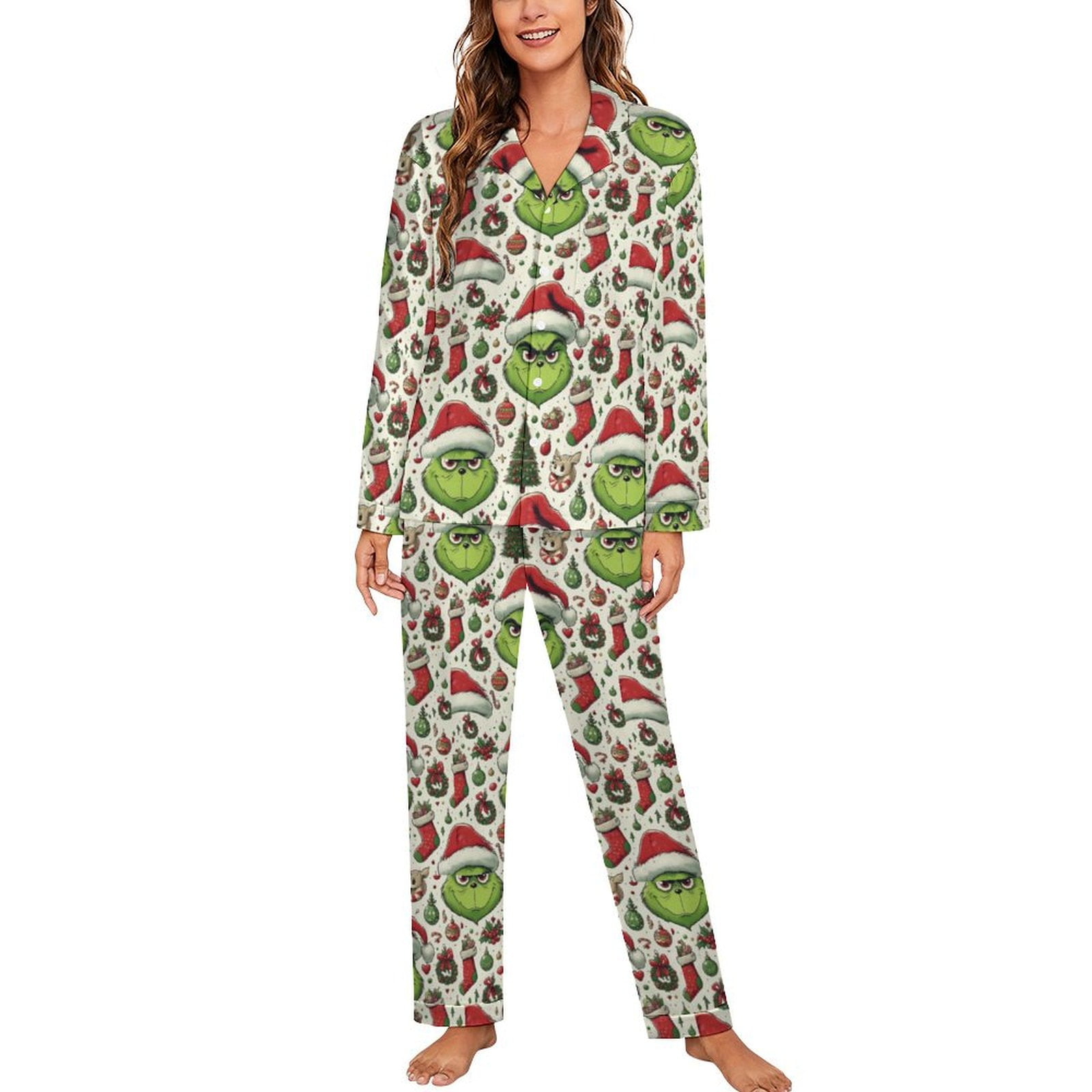 Christmas Grinch Head Pajamas Set for Women Soft,Long Sleeve Sleepwear ...