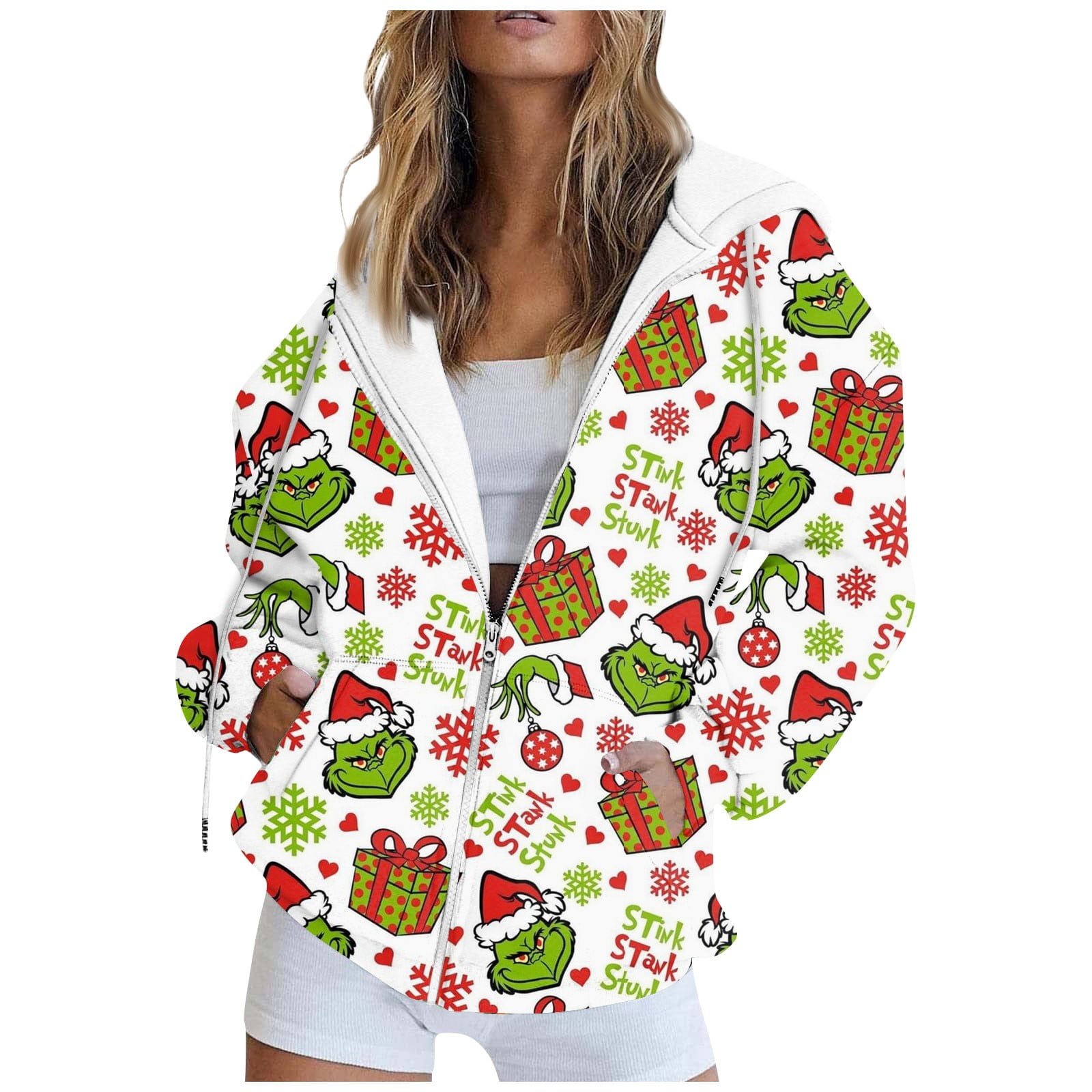 Christmas Grinch Hoodie Jacket Womens Zip Up Hoodies Grinch Outfit Long ...