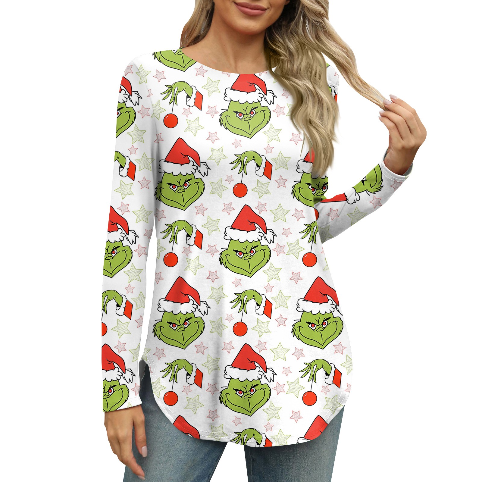 Christmas Grinch Shirt Grinch Santa Claus Womens Long Sleeve Round Neck ...
