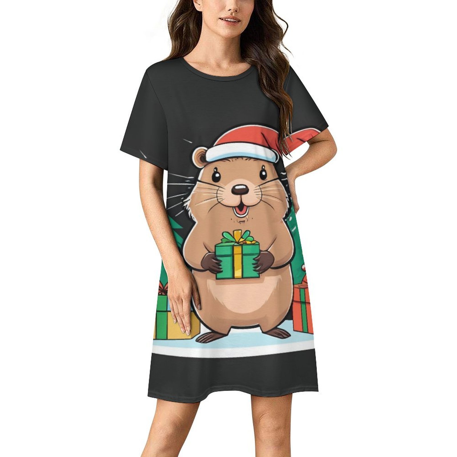 Christmas Hamster Santa Gift Women Nightgown Sleepwear Short Sleeves ...