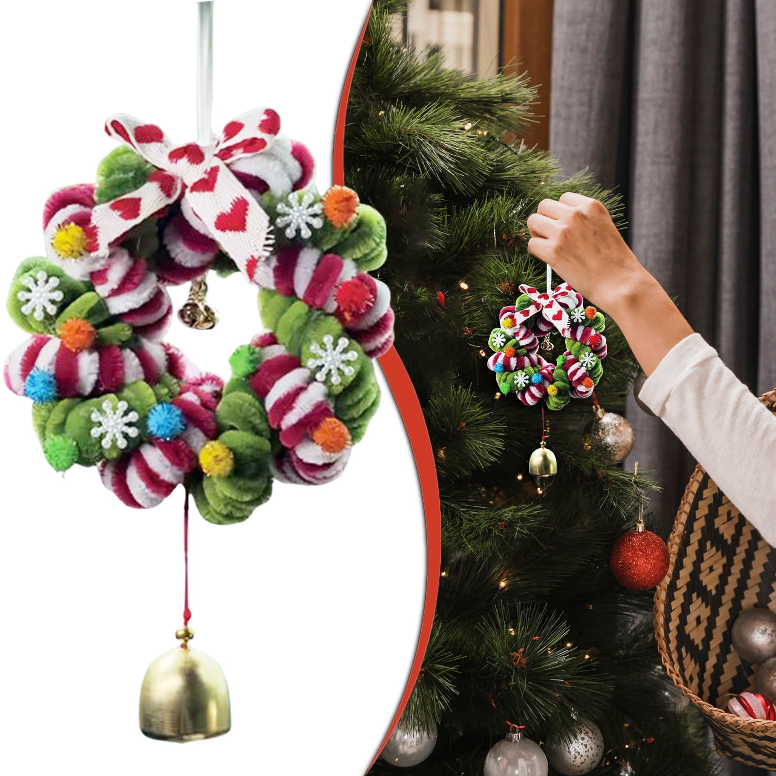 Christmas Handcrafted Chenille Stem Wreath With Bells And Bow,6"Mini ...