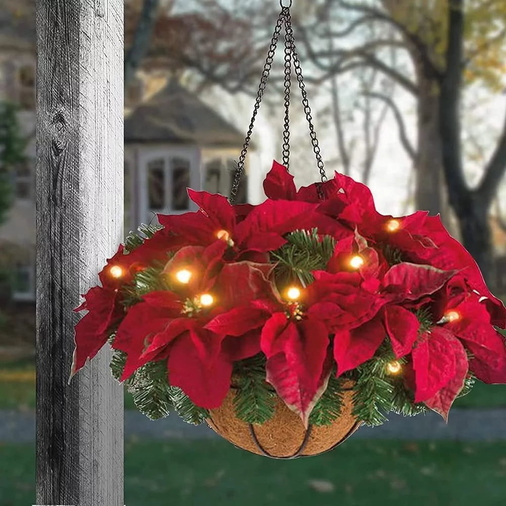 Christmas Flower Artificial Christmas Hanging Basket with LED String ...