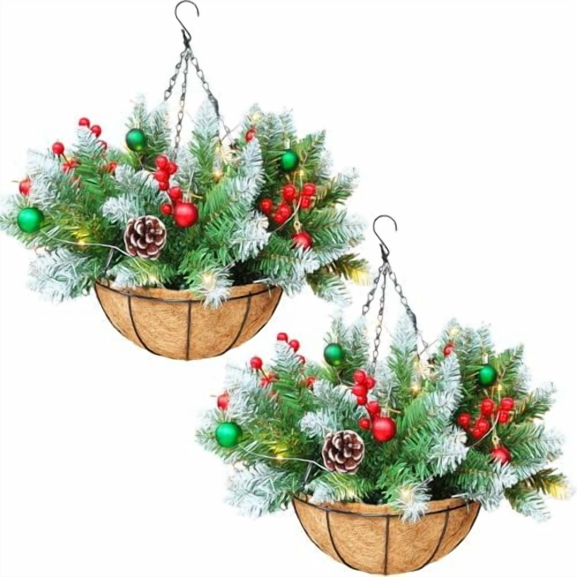Christmas Hanging Flower Basket with Built-in LED String Lights-12 Inch ...