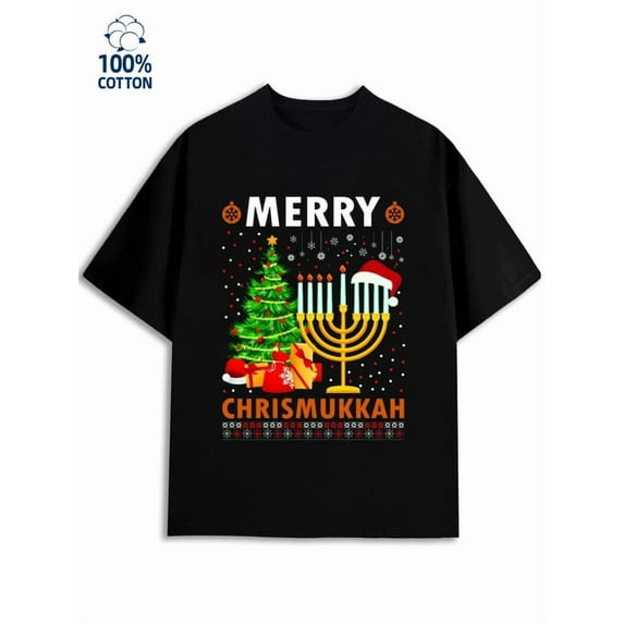 Christmas Hanukkah T-Shirt mens Hanukkah 180G 100% Cotton black happy ...