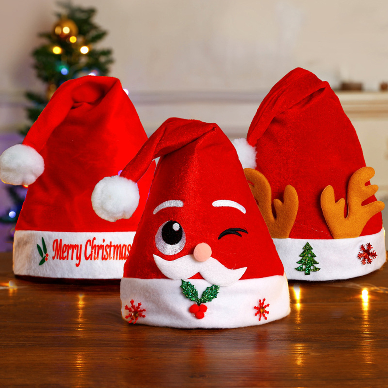 Christmas Hat Children Red Velvet Santa Hat with Cartoon Antler Pattern ...