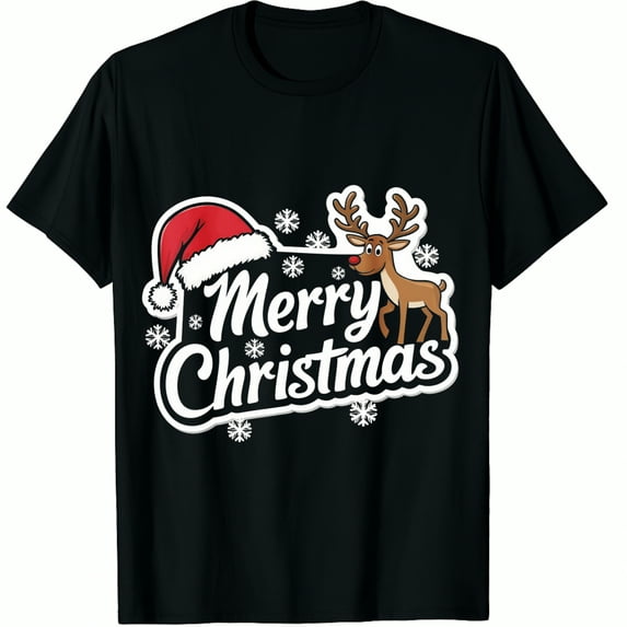 Christmas Hat Reindeer Merry Christmas Print T-Shirt Red Holiday Party ...