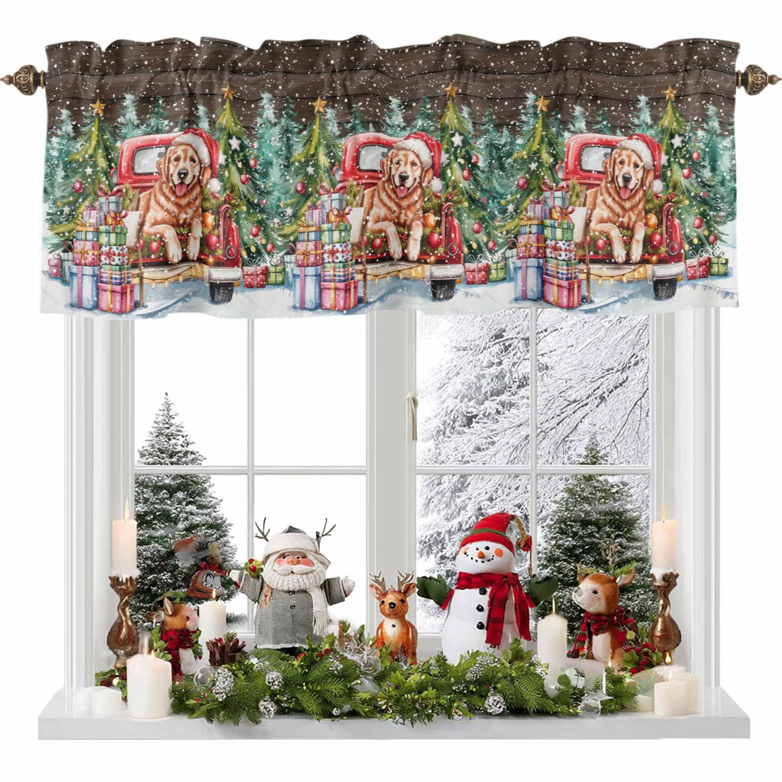 Christmas Hat Valances for Windows, Puppy Truck Xmas Pine Tree Snowing ...