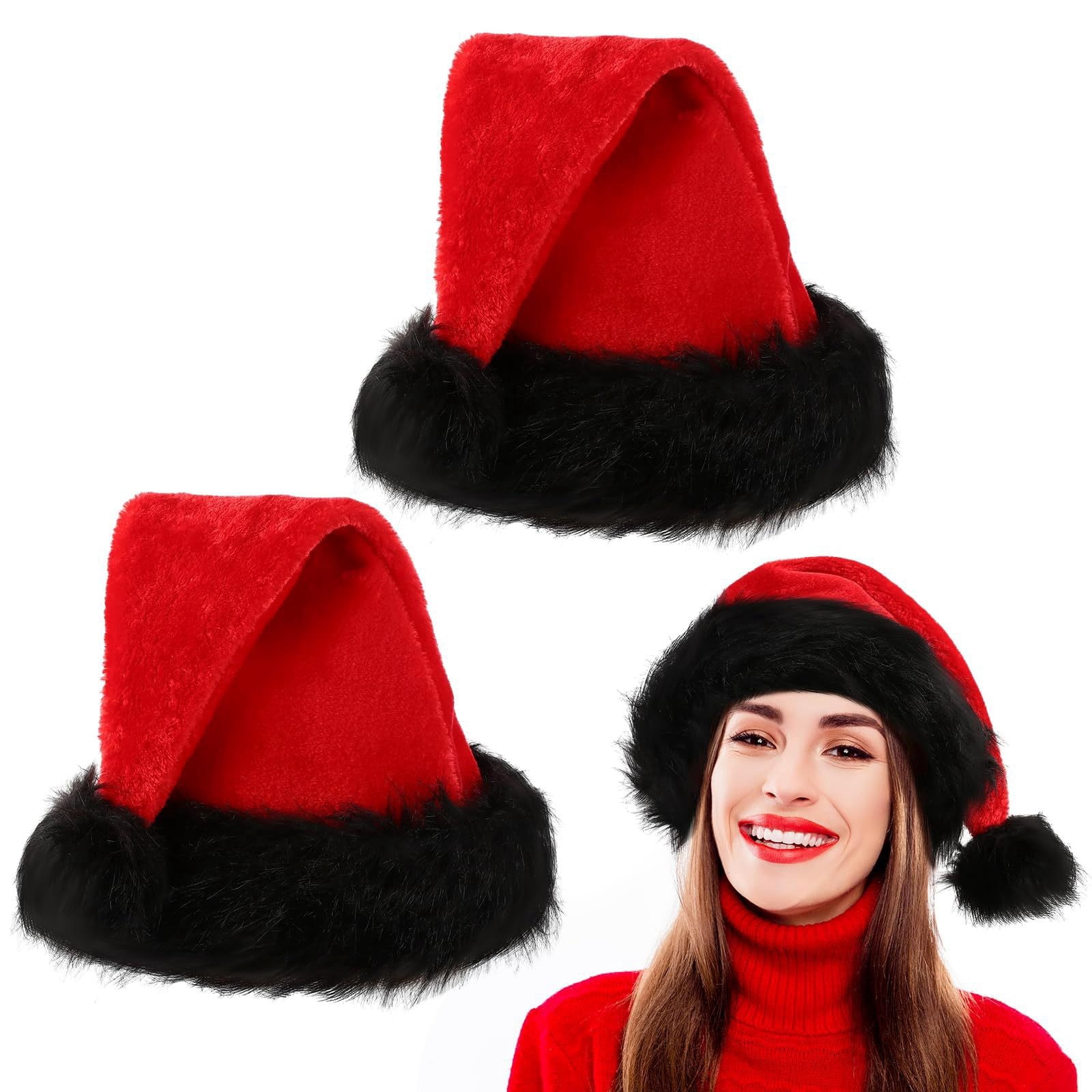 Christmas Hats for Adults Plush Red Black Santa Hat Xmas Fluffy Santa ...